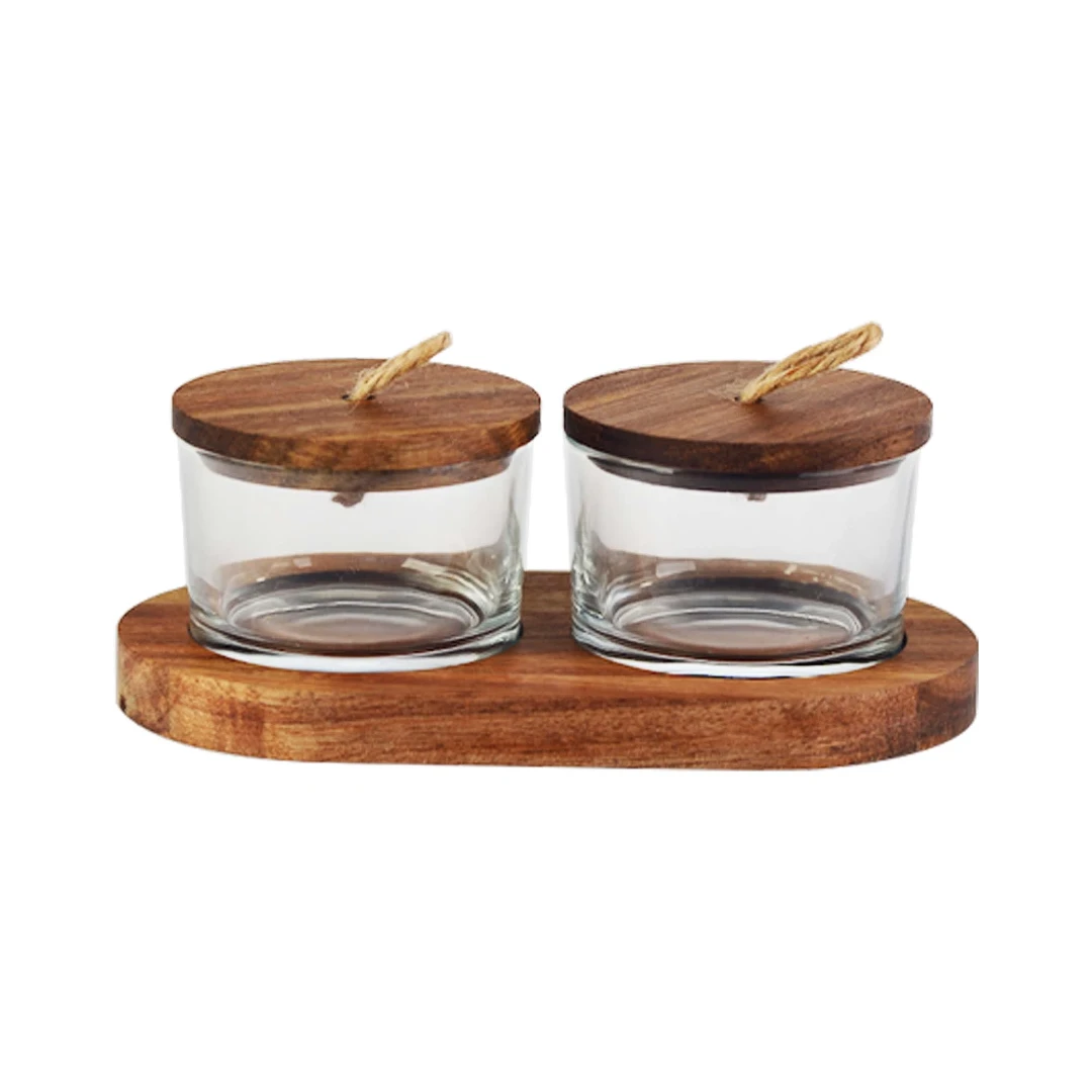 Full-Fit - Jogo de 2 petisqueiras em vidro com tampa e suporte em madeira 120ml P10,2xL18,2xA6,6cm