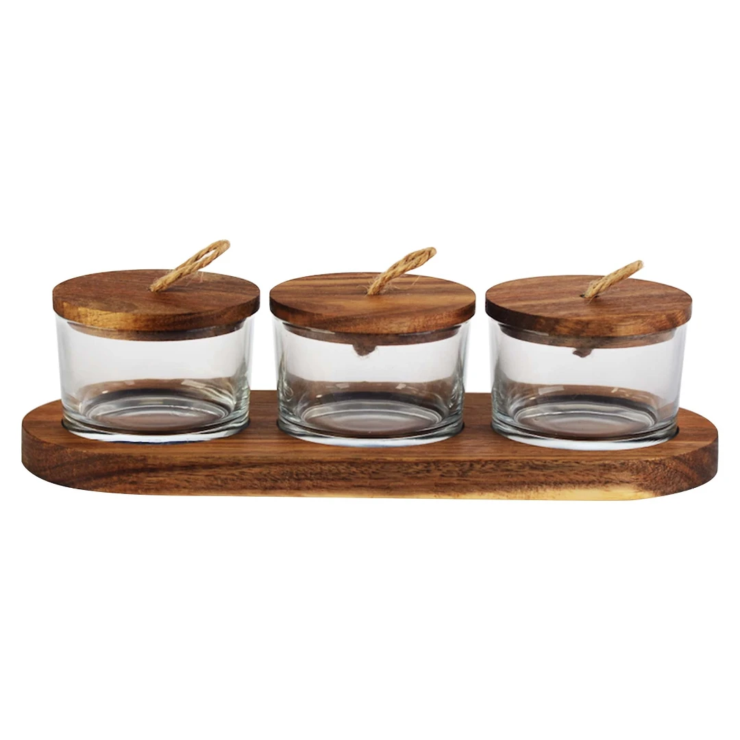 Full Fit - Jogo de 3 petisqueiras em vidro com tampa e suporte em madeira 120ml P10,2xL26,2xA6,8cm
